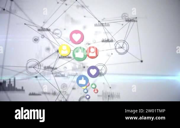 Digitally generated animation of social media icons moving up the screen while background shows ...