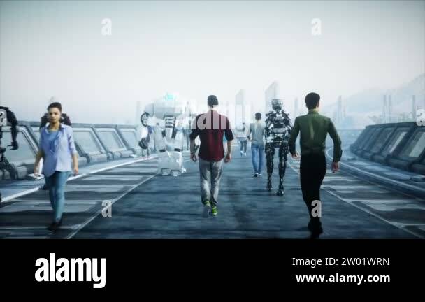 People and robots. Sci fi tonnel. Futuristic traffic. Concept of future ...