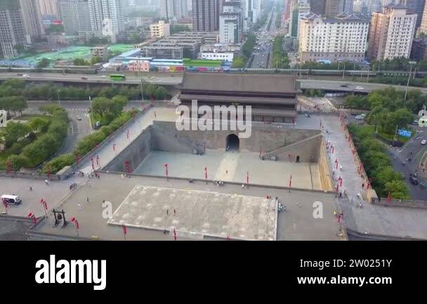 China contrast. Ancient City Gates and Wall, new building and skyline ...