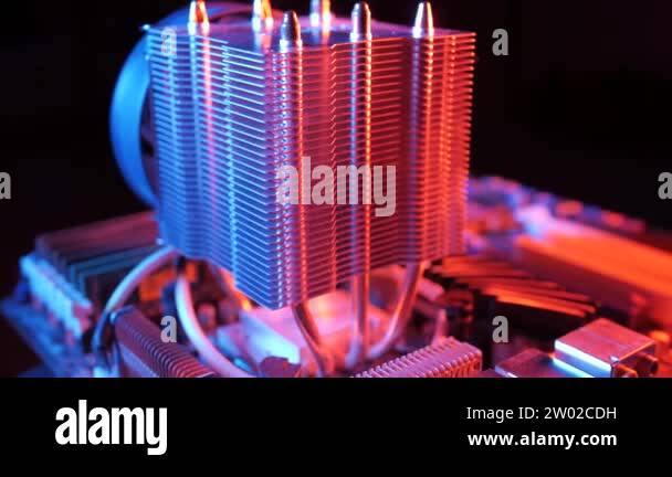 macro shooting of part of motherboard cooling system, slider moving ...