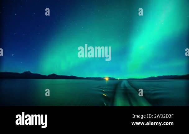 Northern Lights Aurora Borealis seen from a Moving Ship at Sea with ...
