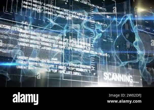 Digital animation of digital interface moving in the screen with program codes, different graphs ...