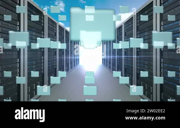 Digital animation of digital squares zooming out of the screen to form a digital lock icon while ...