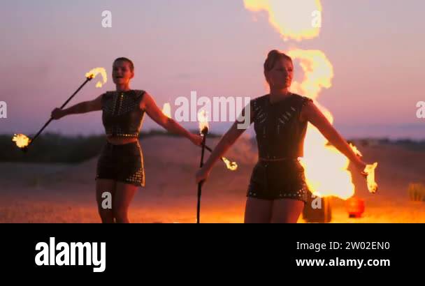 A group of professional circus performers with fire shows dance shows ...