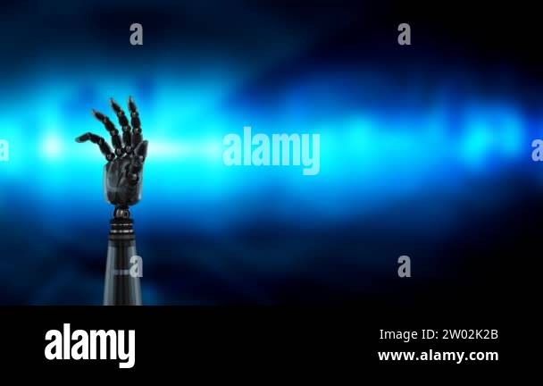 Digitally generated animation of robotic hand with palm opening and ...