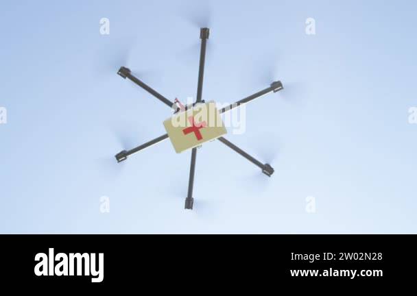 CLOSE UP LENS FLARE UAV drone delivery. Multicopter rising and flying ...