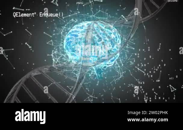 Digital animation of a rotating brain with a DNA helix. The foreground is filled with program ...