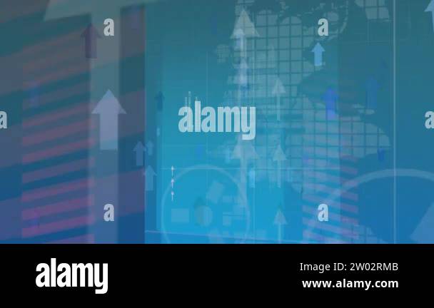 Digital animation of arrows moving upwards. World maps and other ...