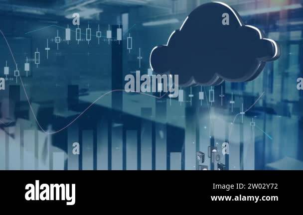 Digital animation of a cloud with graphs and statistics. The background ...