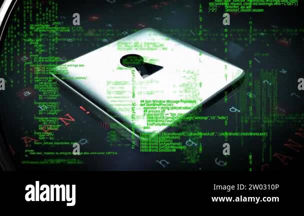 Digitally generated animation of a lock with program codes and numbers ...