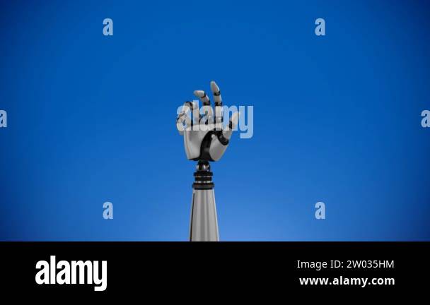 Digital animation of a rotating robot hand on a blue background. The ...