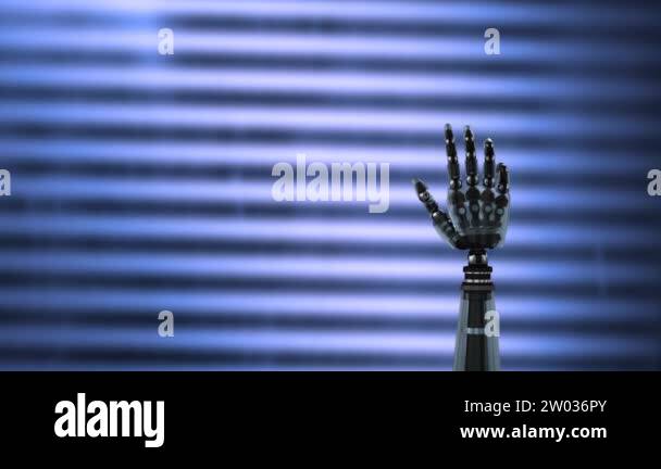 Digital animation of robot arm rotating slowly hand is opening and ...