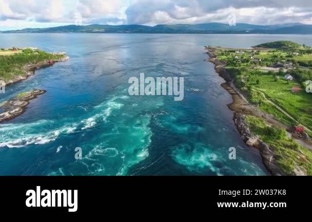 Whirlpools of the maelstrom of Saltstraumen, Nordland, Norway aerial ...