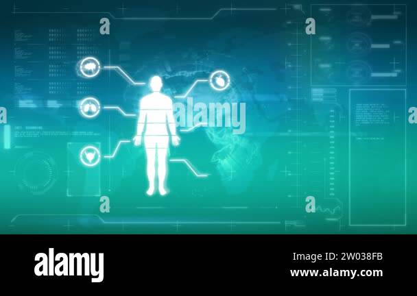 Digital animation of an illustration of a human body with organ labels ...