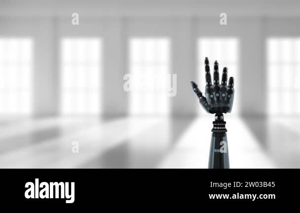 Digital animation of a rotating robot hand in an empty hall. The hand ...