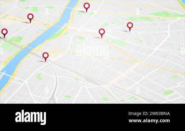 City Map With GPS Pins Animation Loop/ 4k animation of an app screen of ...