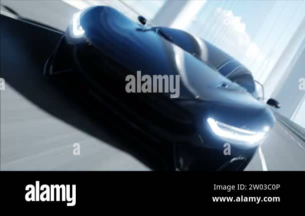 3d model of black futuristic car on the bridge. Very fast driving ...