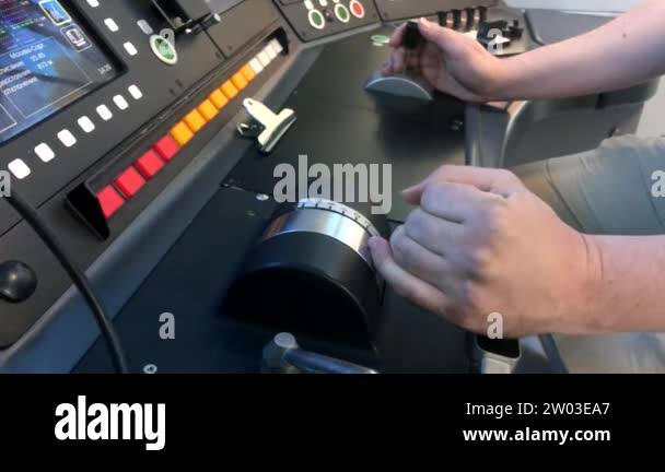 Train Driver Hand On Thrust Lever Of Dashboard Controls In Cockpit ...