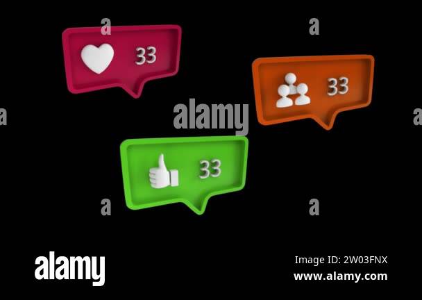 Digital animation of like, subscribe and heart button with number count ...