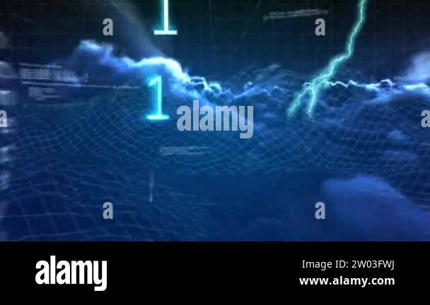 Digital animation of binary codes and lightning moving in the screen with background of the ...