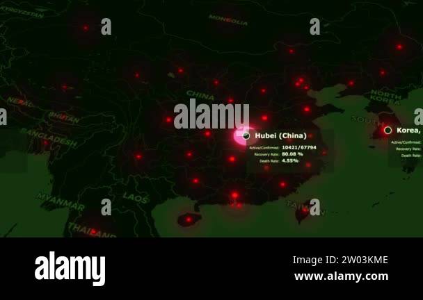 Covid 19 pandemic alert pink tablet on futuristic world map with red ...