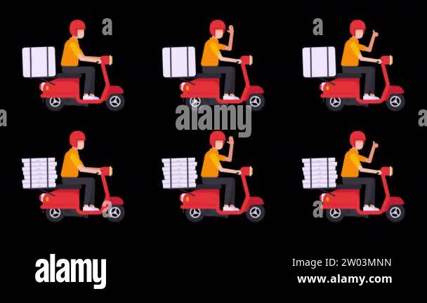 Courier on scooter set of six animations. Transparent background. Loop ...