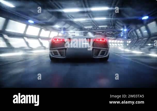 futuristic car fast driving in sci fi tunnel, coridor. Concept of ...