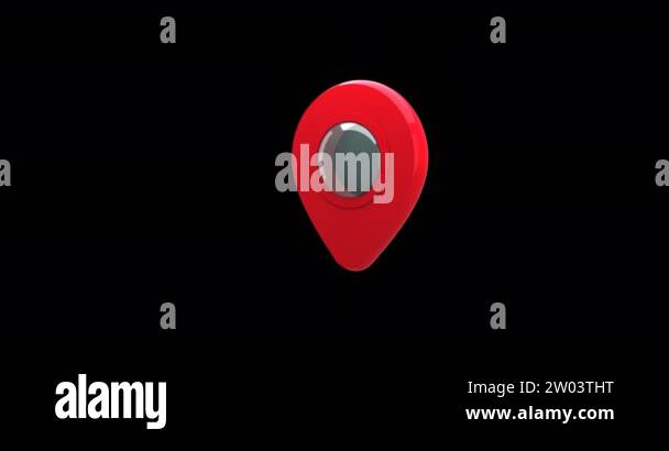 Digital animation of a red map pin moving in the screen against a black ...