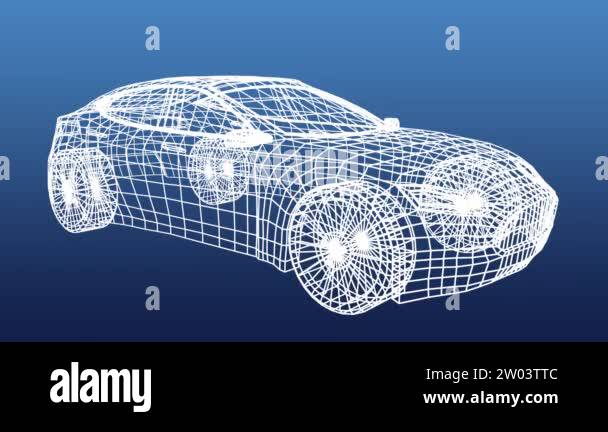 Digital animation of a 3D blueprint model of a sports car. The wheels ...