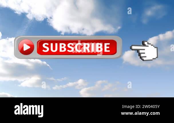 Digital animation of red subscribe button with a hand icon pointing ...