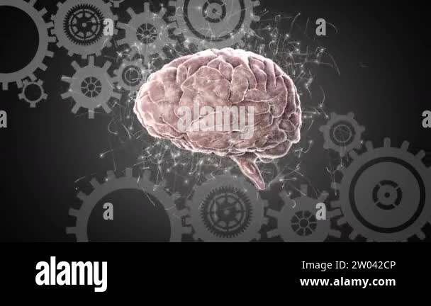 Digital animation of a rotating human brain with surrounding particles. Gray industrial gears ...