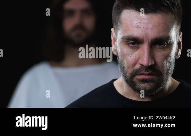 Jesus in robe putting hand on crying man head and shoulder, healing ...