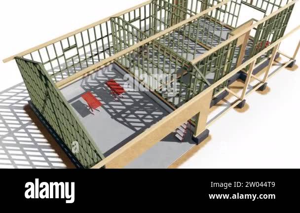 Set 4 Stage 3 of 7. Wood frame structure of building, developing in ...