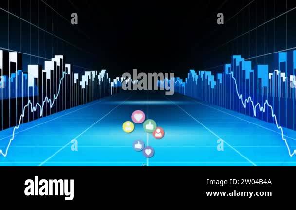 Digitally generated animation of social media icons moving up the ...