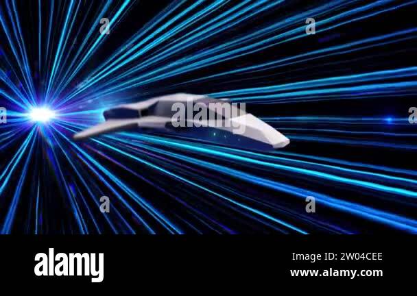 Futuristic tunnel with blue neon light rays and a space ship making a ...