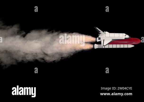 Space shuttle flying into space on black with alpha. Rocket engines ...