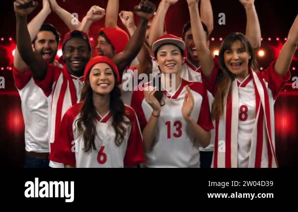 Digital composite of a group of diverse fans wearing uniforms cheering ...