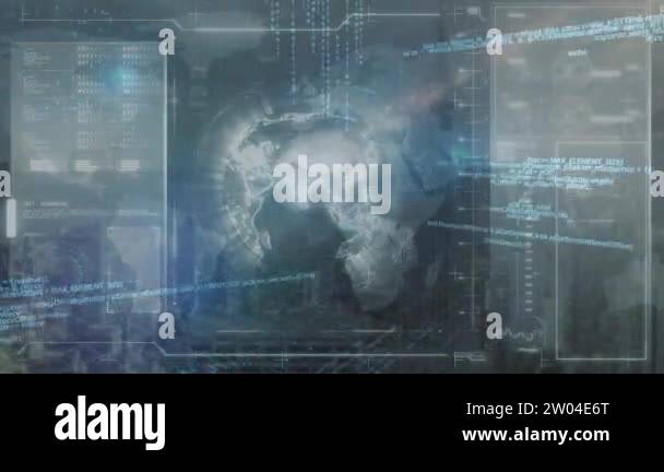 Digitally generated animation of a digital interface with program codes moving in the screen ...