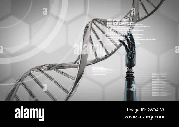 Digital animation of robot arm beside DNA helix on sequenced background ...