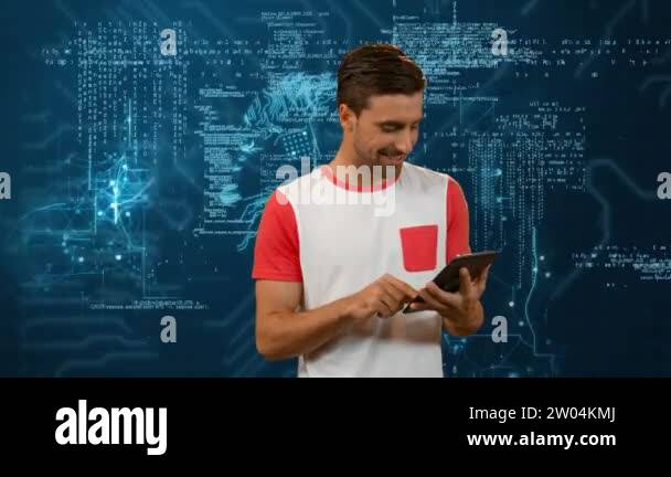 Digital composite of a Caucasian man using a digital tablet while ...