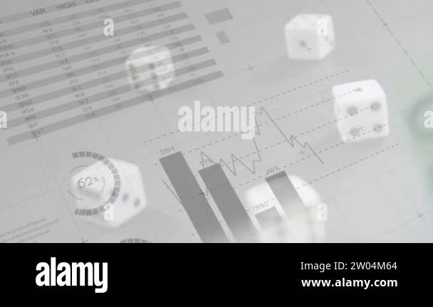 Digital composite of dice rolling while graphs moves across the screen ...