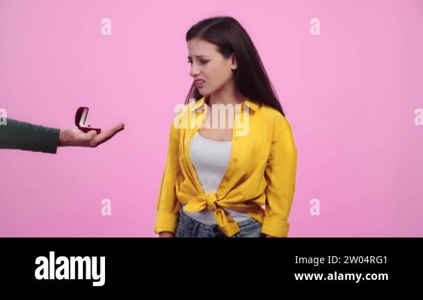 dissatisfied girl refusing man proposing with wedding ring then taking ...