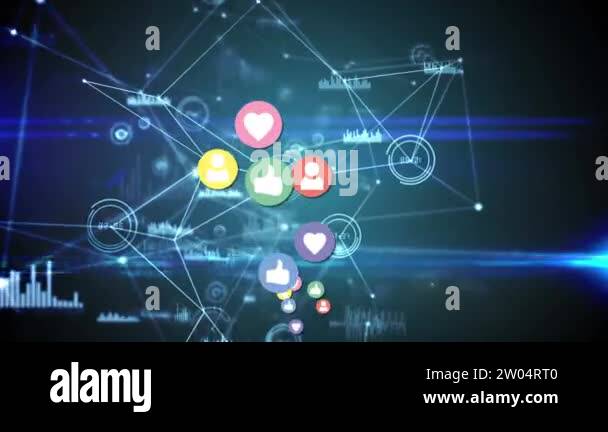 Digitally generated animation of social media icons moving in the screen while background shows ...