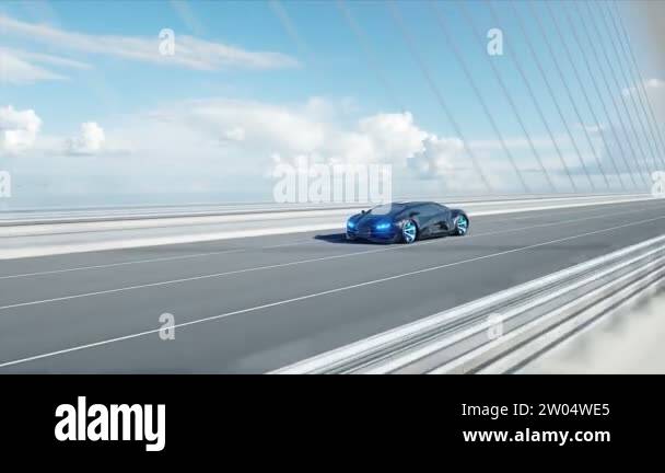 3d model of black futuristic car on the bridge. Very fast driving ...
