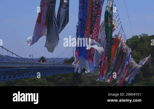Carp streamers at Ryujin big bridge in Ibaraki daytime sunny Stock ...