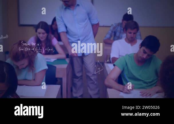 Digital composite of a Caucasian teacher walking in the classroom while diverse students are ...