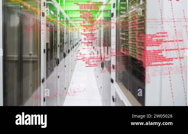 Digital animation of red digital codes moving across the screen while ...