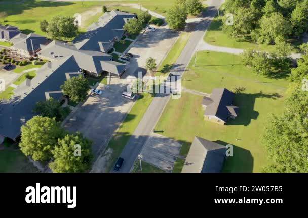 An aerial view of a typical American suburban area showing a mix of ...