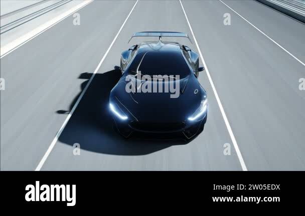3d model of black futuristic car on the bridge. Very fast driving ...