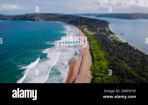 Palm Beach, Australia. Beautiful, narrow beach line, ocean waves sand ...